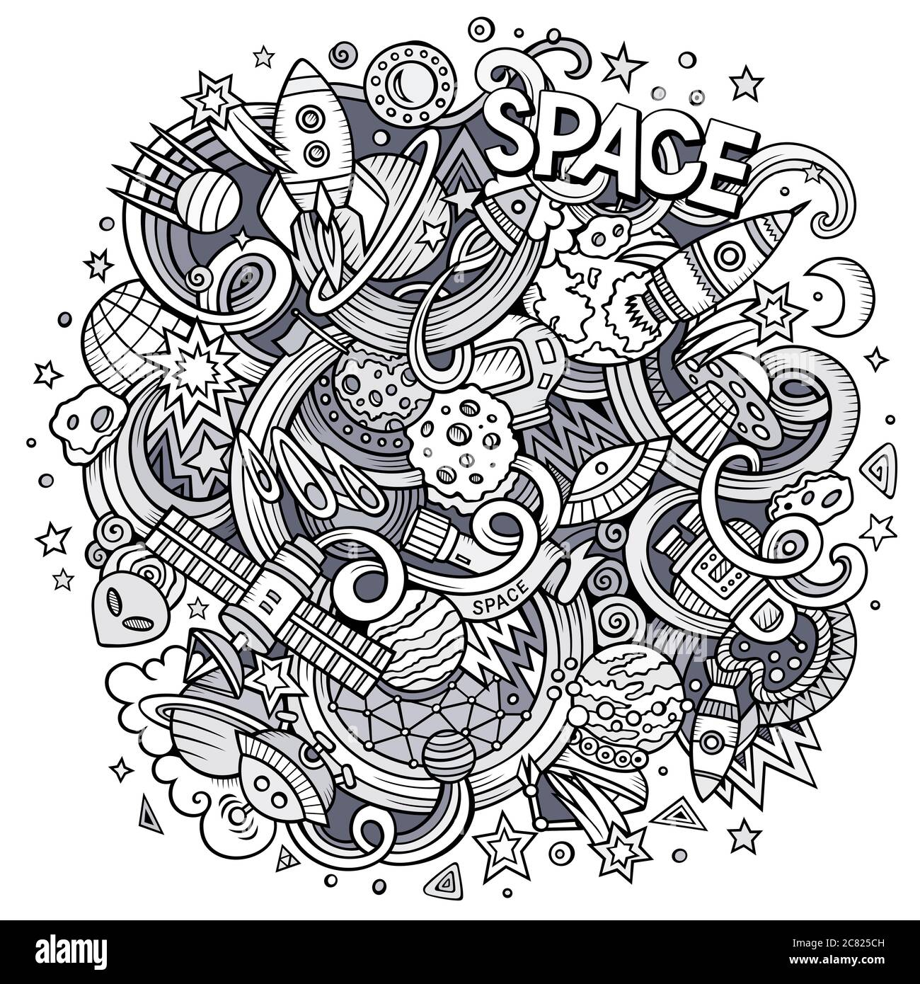 Cartoon hand-drawn doodles Space illustration Stock Vector Image & Art ...