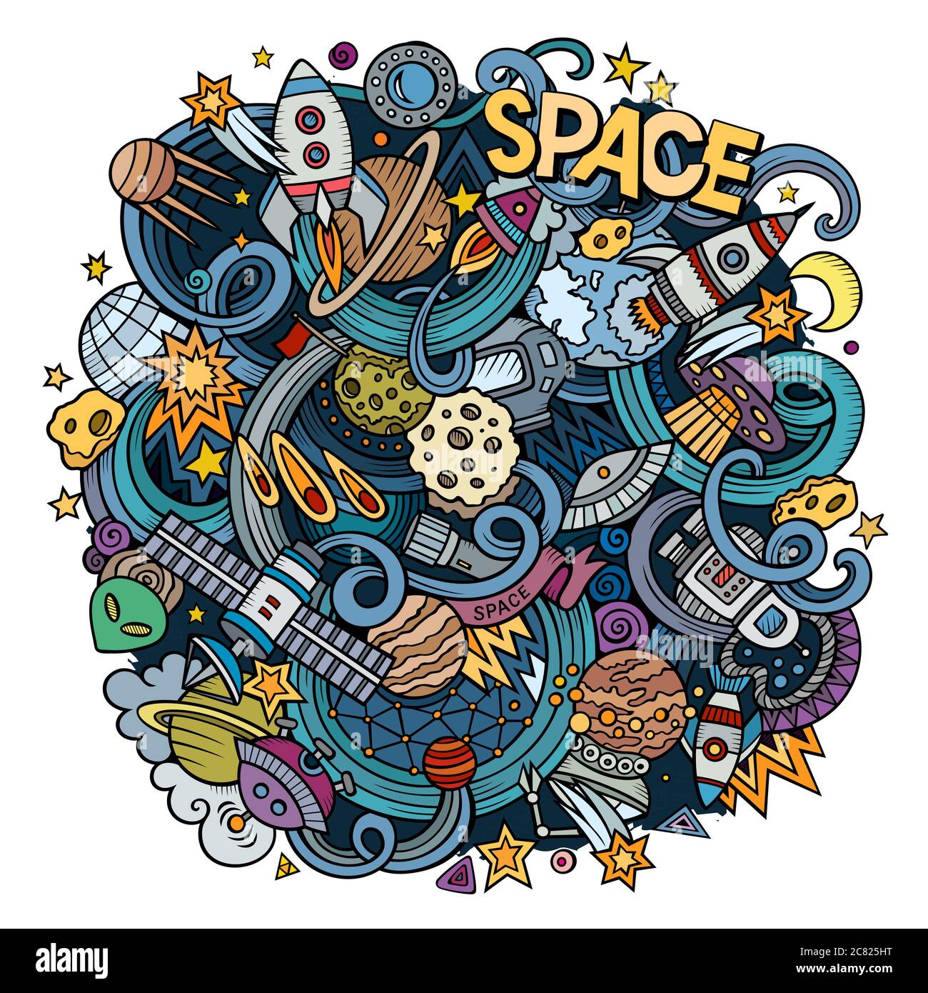 Cartoon hand-drawn doodles Space illustration Stock Vector Image & Art ...