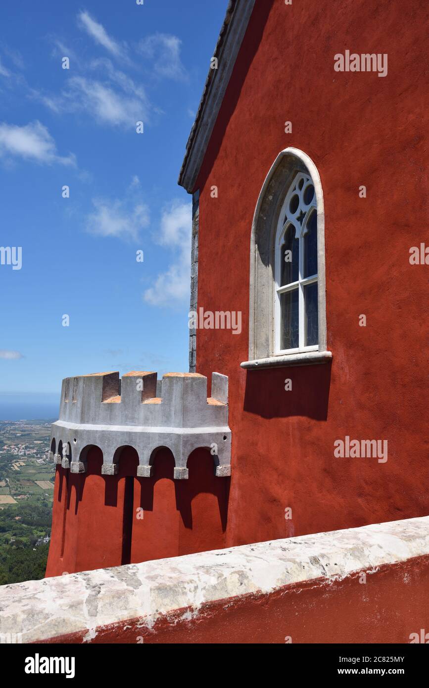 Detail of Pena National Palace in Sintra in Portugal. Red plastered ...