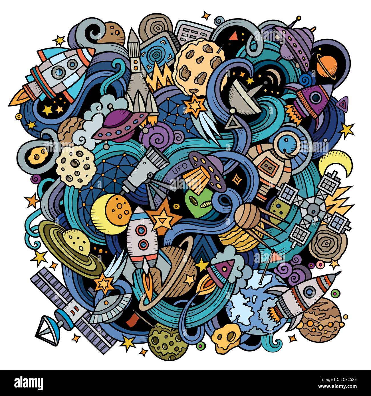 Cartoon hand-drawn doodles Space illustration Stock Vector Image & Art ...