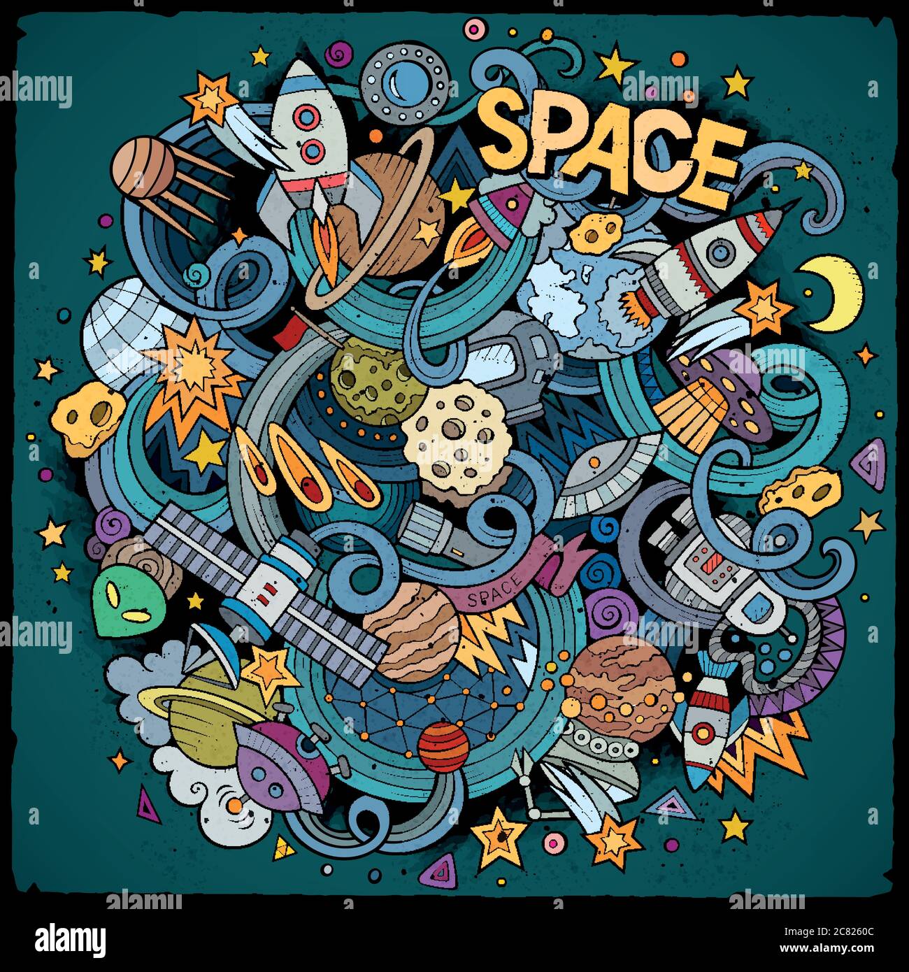 Cartoon hand-drawn doodles Space illustration Stock Vector Image & Art ...