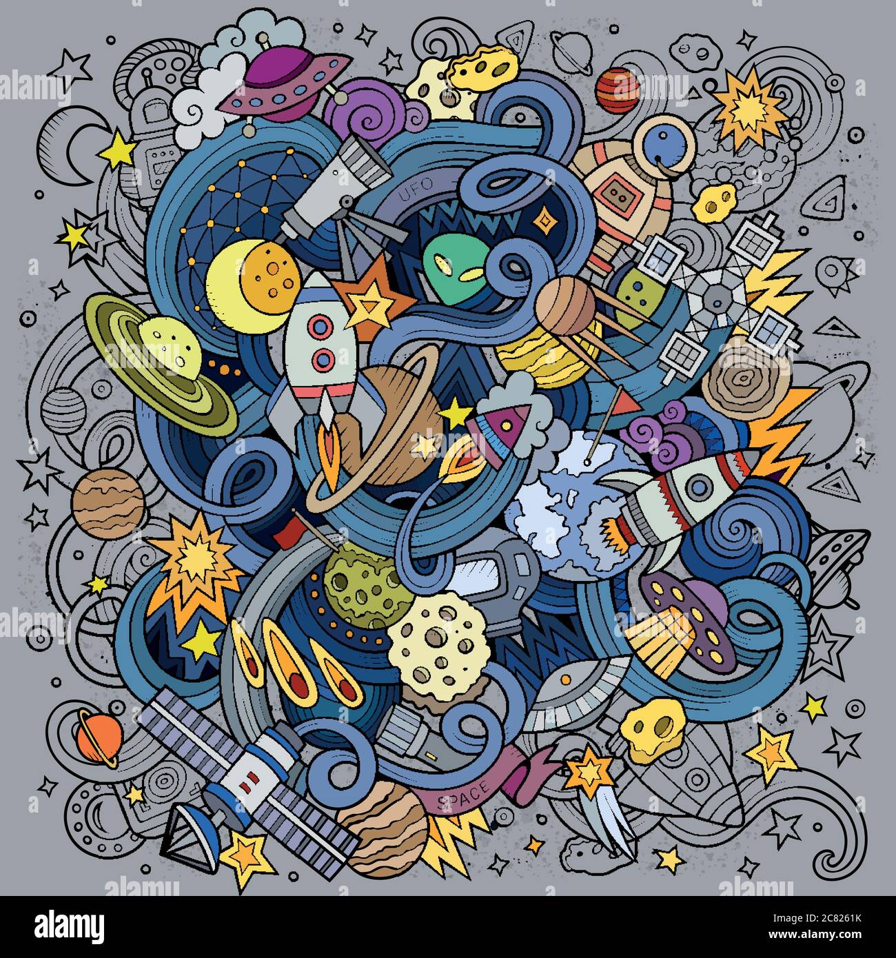 Cartoon hand-drawn doodles Space illustration Stock Vector Image & Art ...