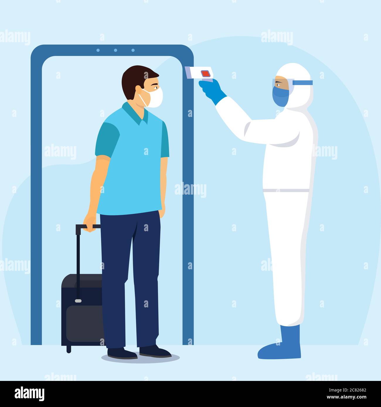 Body temperature check. Doctor holding a non-contact thermometer in ...