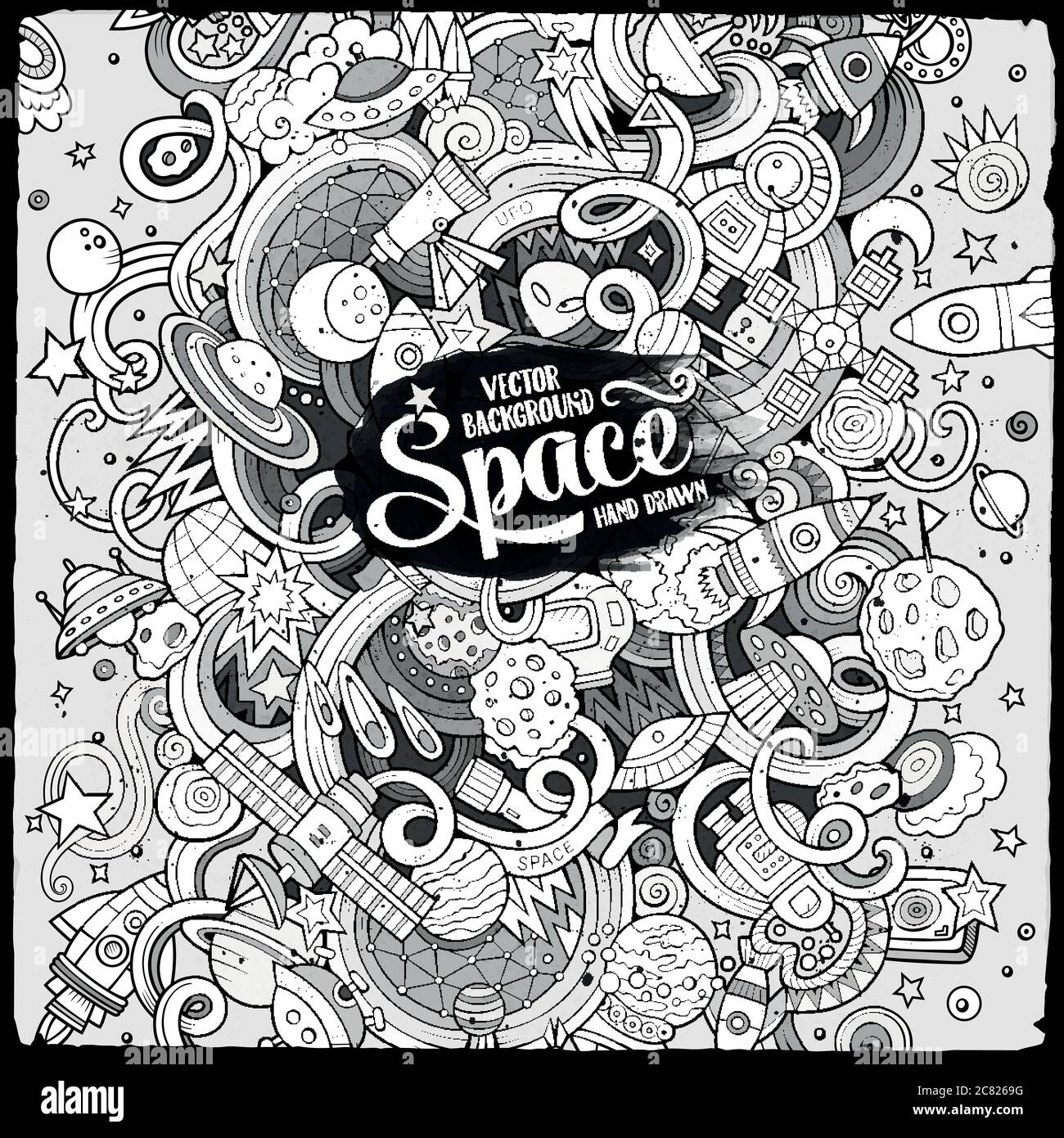 Cartoon hand-drawn doodles Space illustration. Line art detailed Stock ...