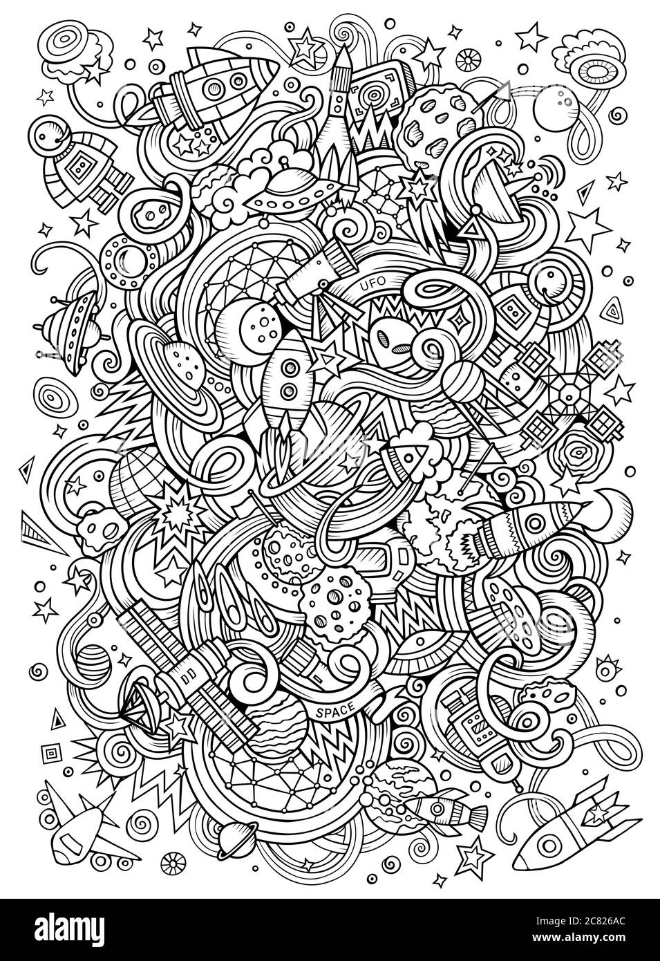 Cartoon hand-drawn doodles Space illustration. Line art detailed Stock ...