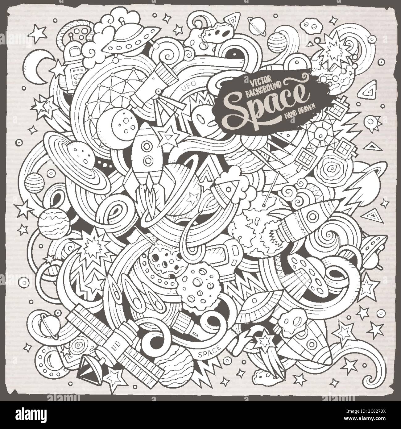 Cartoon hand-drawn doodles Space illustration. Line art detailed Stock ...