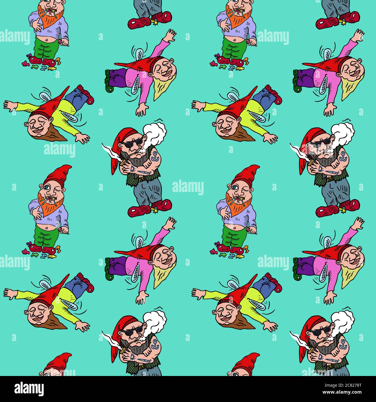 Funny gnomes set, in hat flying on small wings, sweet tooth gnome ...