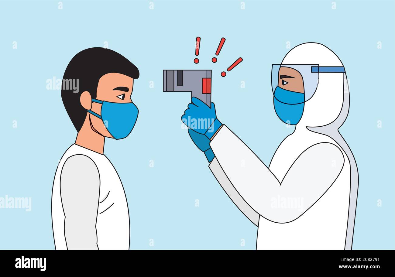 Body temperature check. Doctor holding a non-contact thermometer in ...