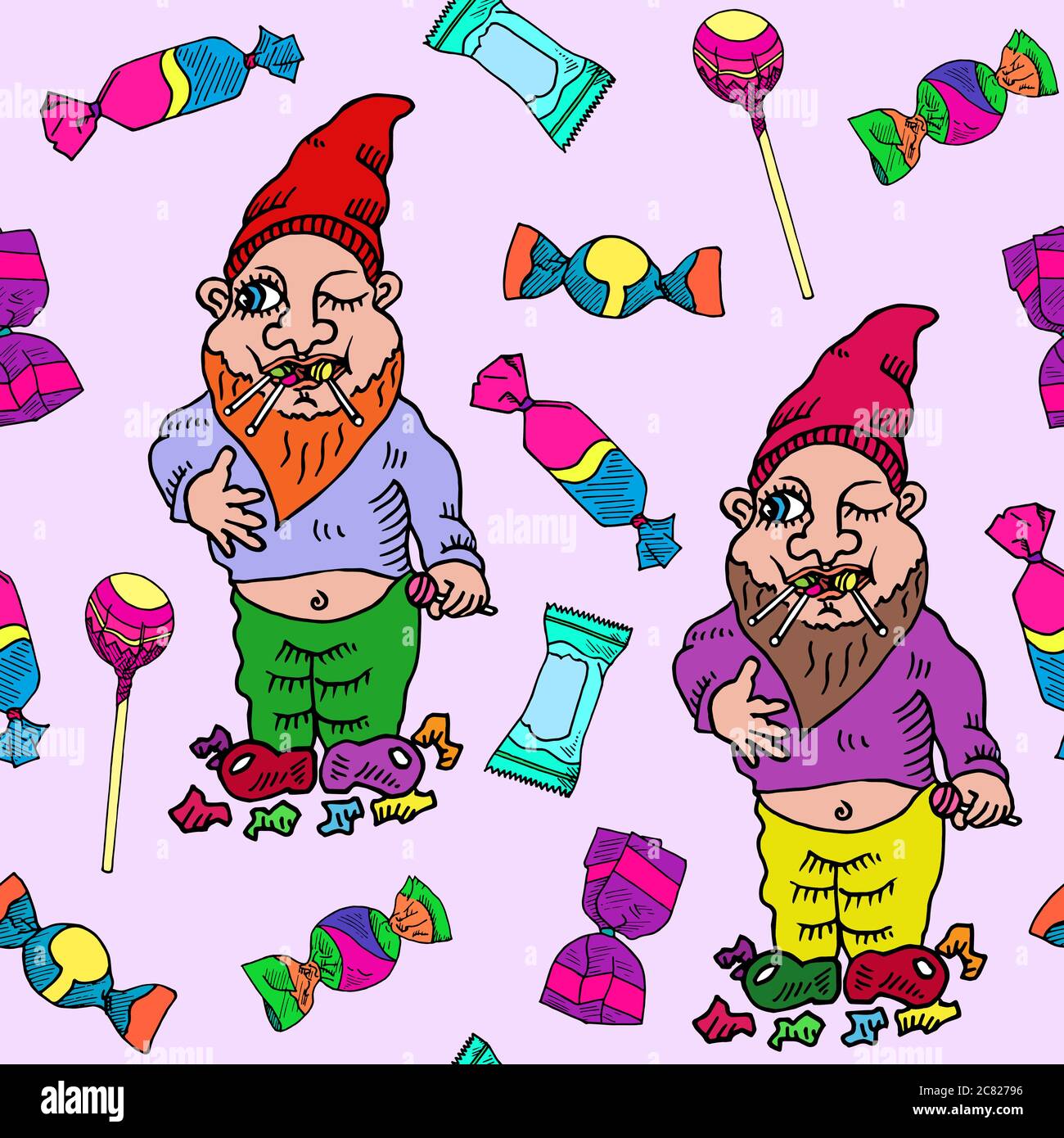 Funny sweet tooth gnome in red hat eating many colorful lollipops, hand ...