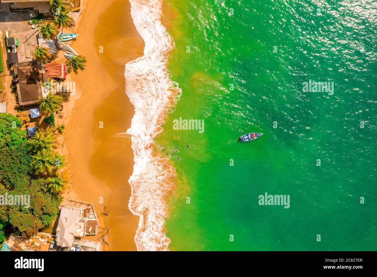 Aerial overhead shot of a tropical coast with boats and palm trees near ...