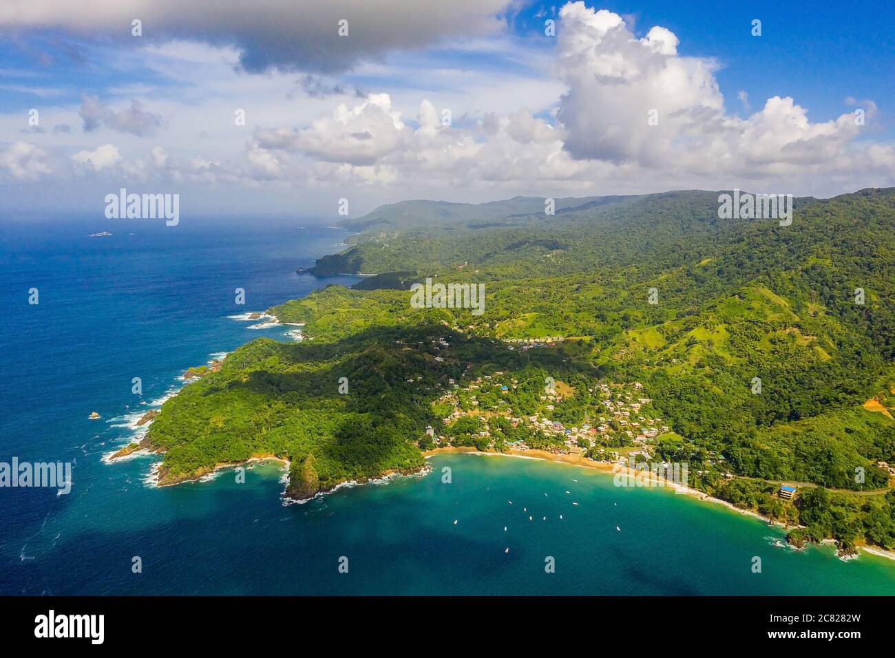 Aerial photo of a peninsula with lush nature and the calm sea in the ...