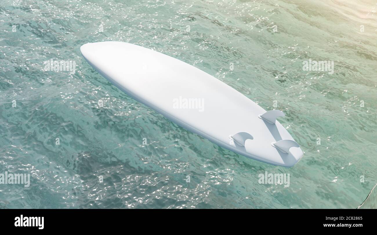 Blank white surfboard with fins on water surface mockup Stock Photo - Alamy