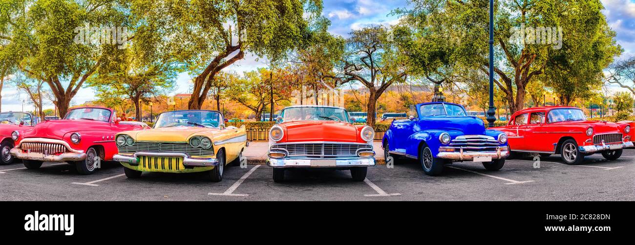 Colorful group of classic cars in Old Havana, a typical attraction of ...