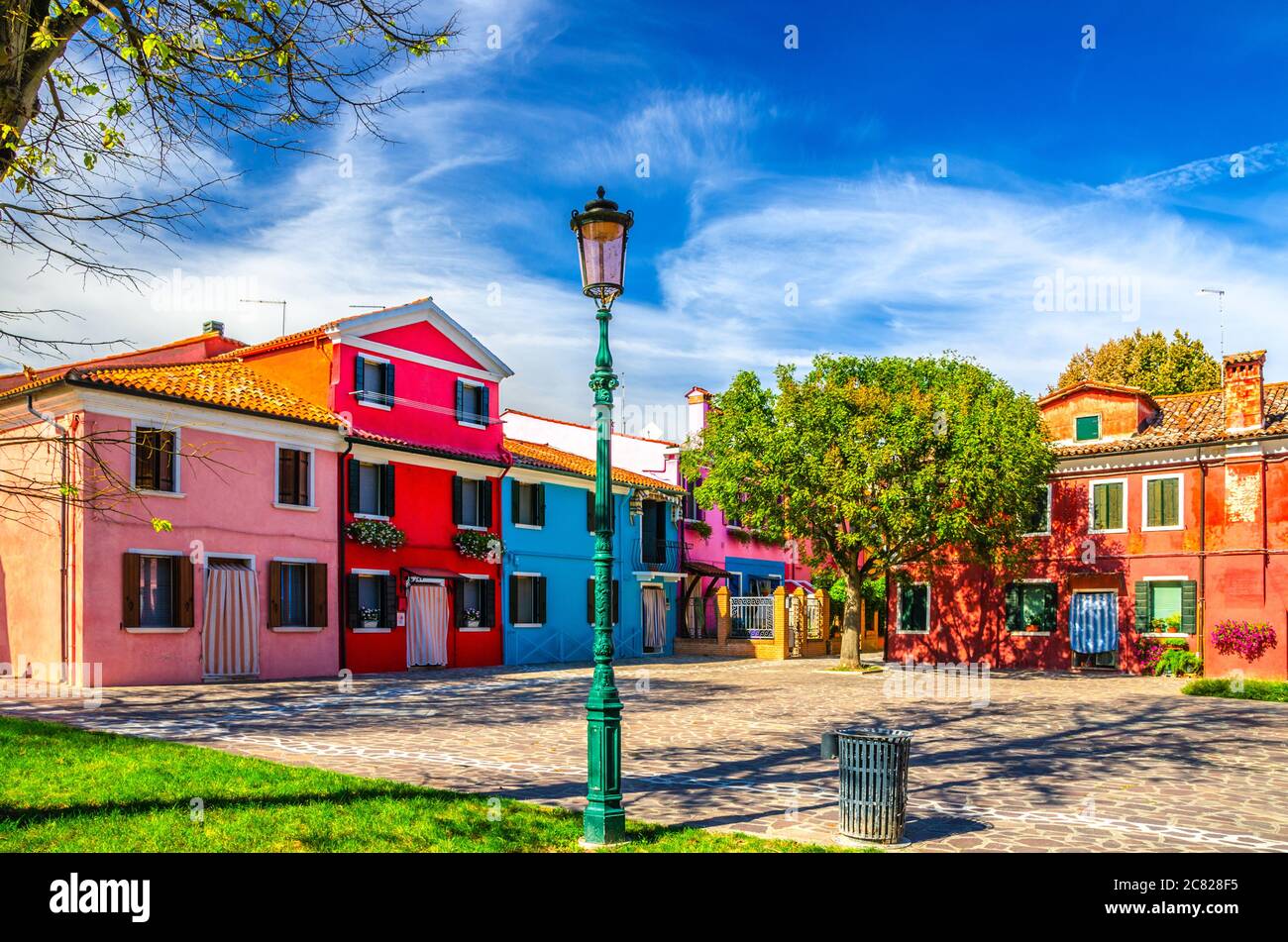 Colorful houses of Burano island. Multicolored buildings in small ...