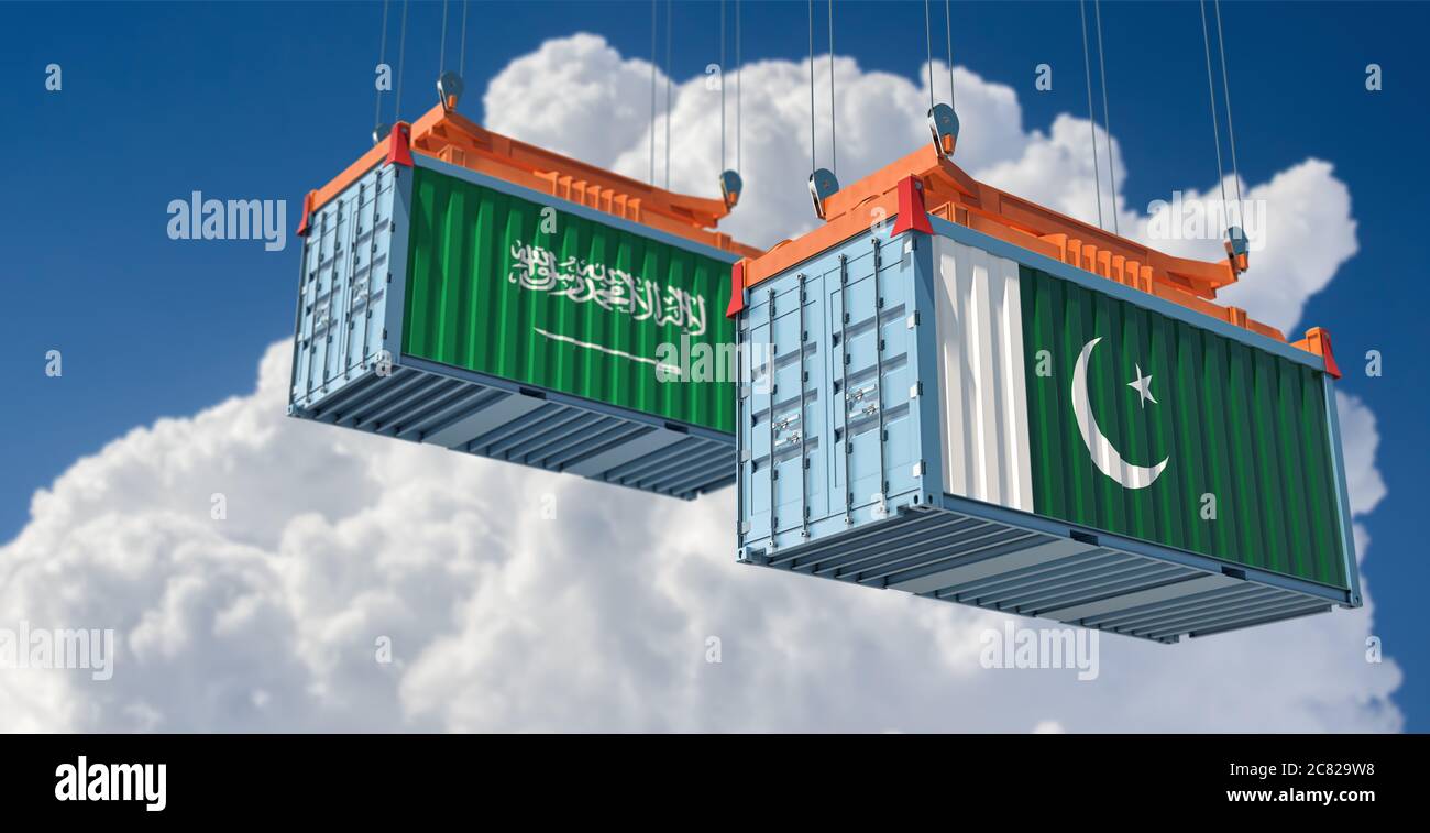 Freight containers with Pakistan and Saudi Arabia flag. 3D Rendering ...