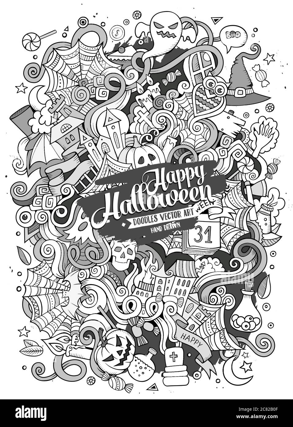 Cartoon cute doodles hand drawn Halloween illustration Stock Vector ...