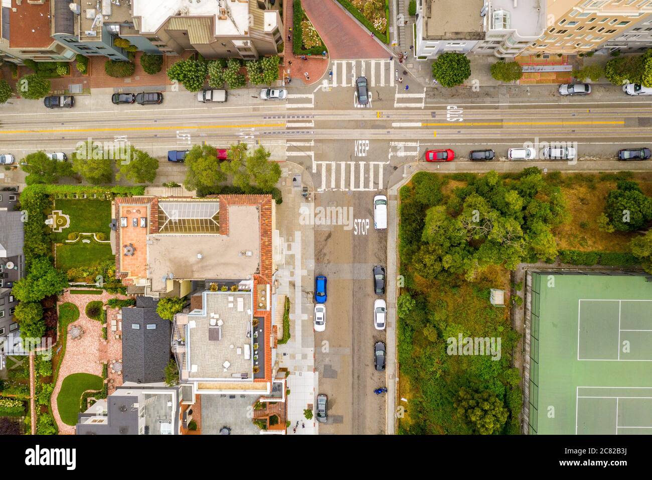Overhead shot of the buildings and streets of a neighborhood Stock ...
