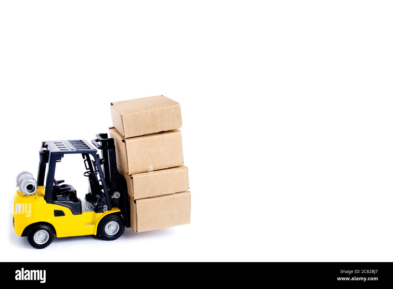 Mini forklift truck load cardboard boxes isolated on white background ...
