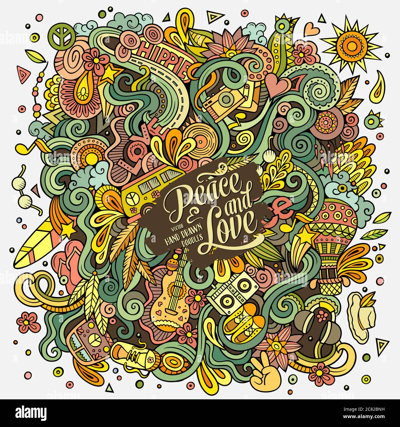 Cartoon hand-drawn doodles hippie illustration Stock Vector Image & Art ...