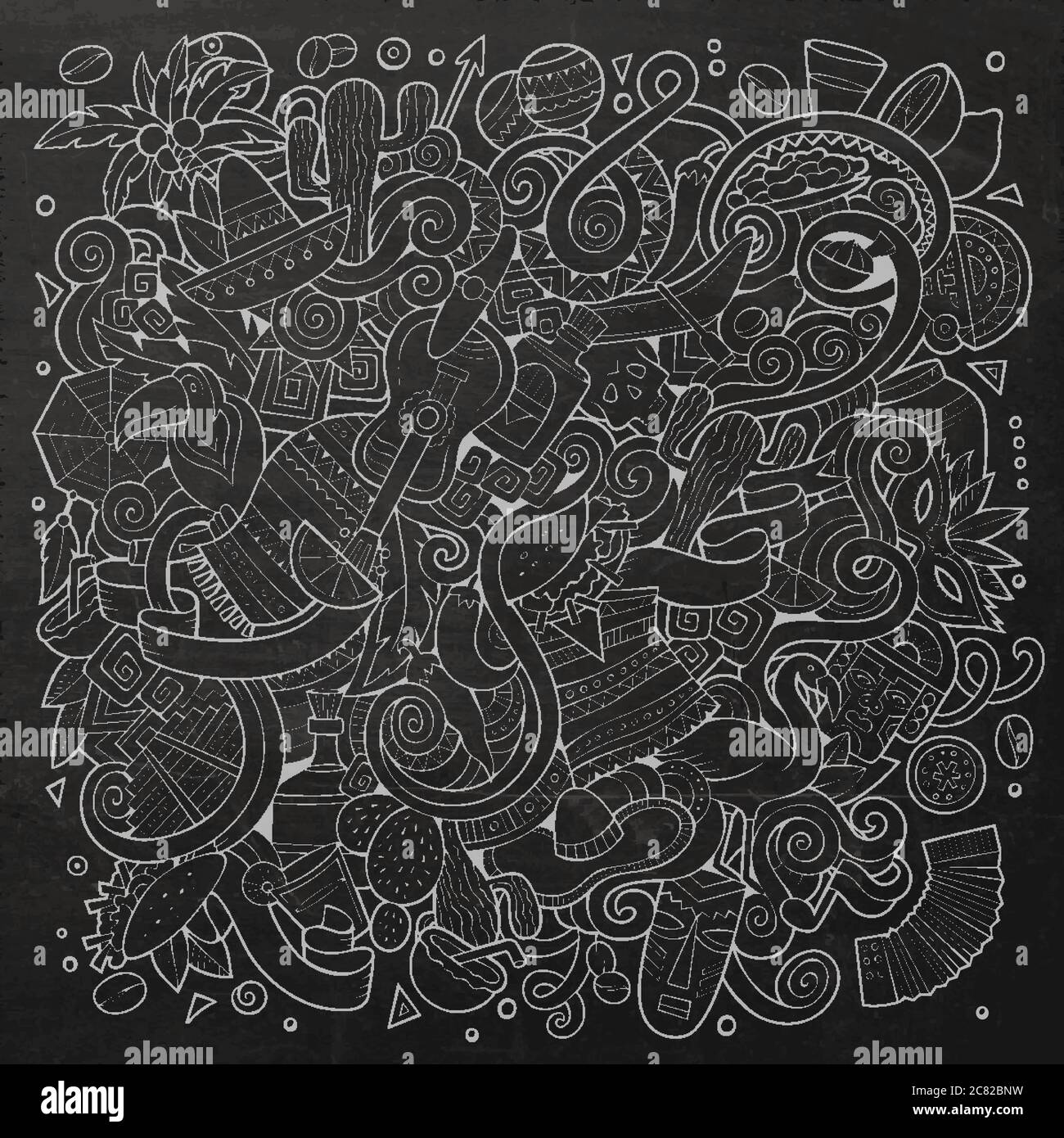 Cartoon hand-drawn doodles Latin American illustration. Line art Stock ...