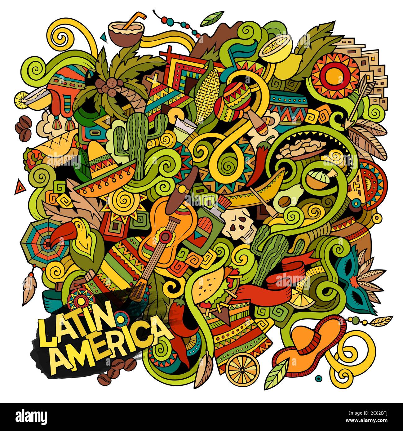 Cartoon hand-drawn doodles Latin American illustration Stock Vector ...