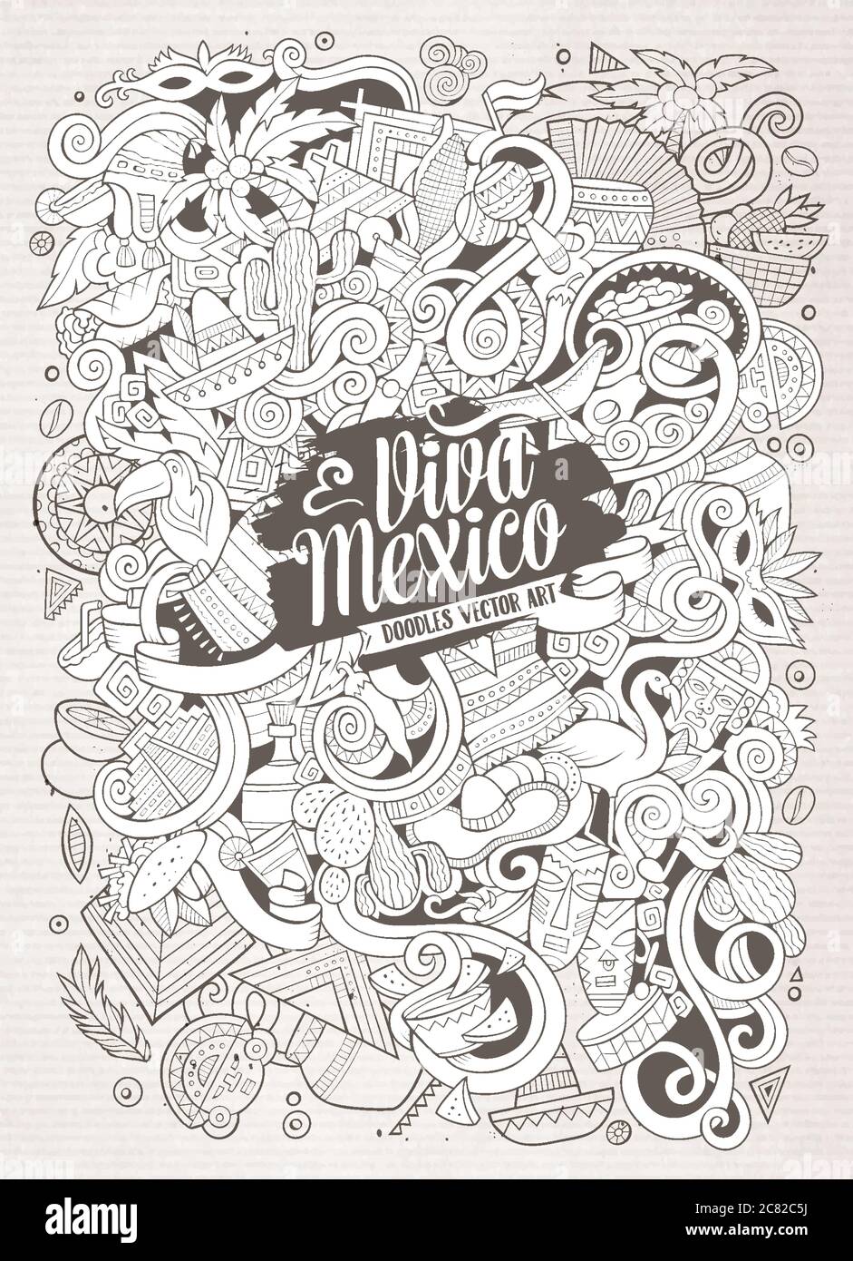 Cartoon hand-drawn doodles Latin American illustration. Line art Stock ...
