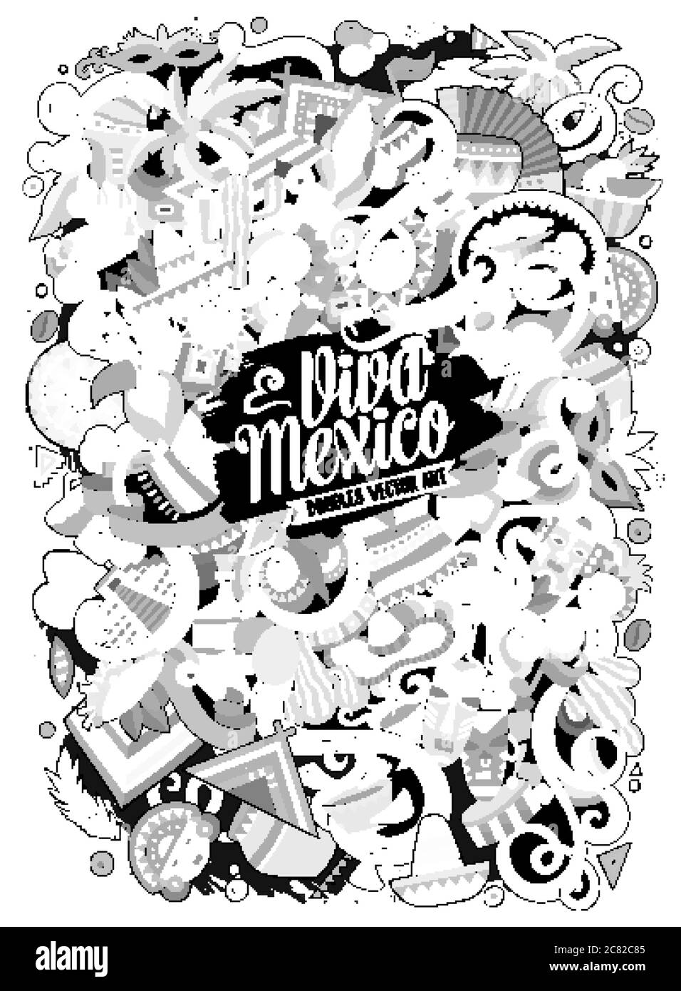 Cartoon hand-drawn doodles Latin American illustration. Line art Stock ...