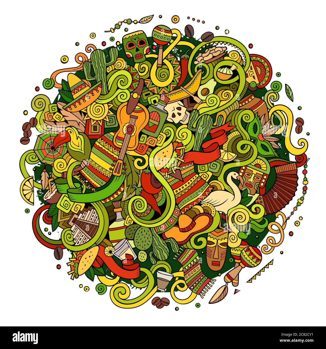 Cartoon hand-drawn doodles Latin American illustration Stock Vector ...