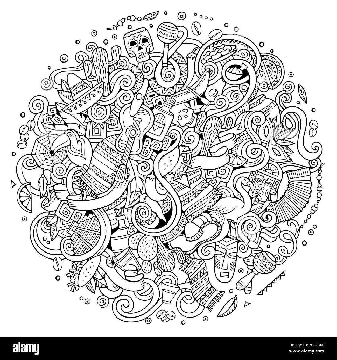 Cartoon hand-drawn doodles Latin American illustration. Line art Stock ...