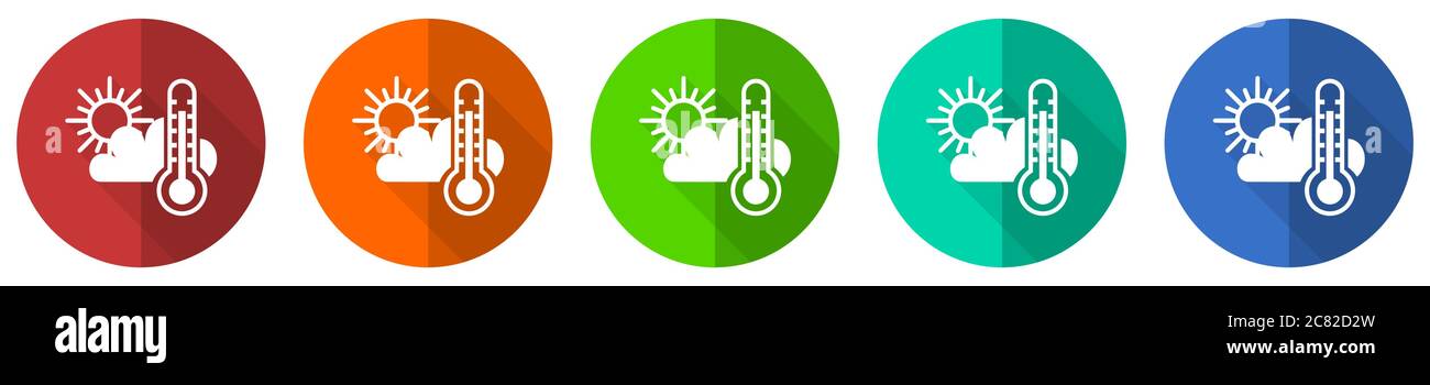 Weather forecast icon set, red, blue, green and orange flat design web ...