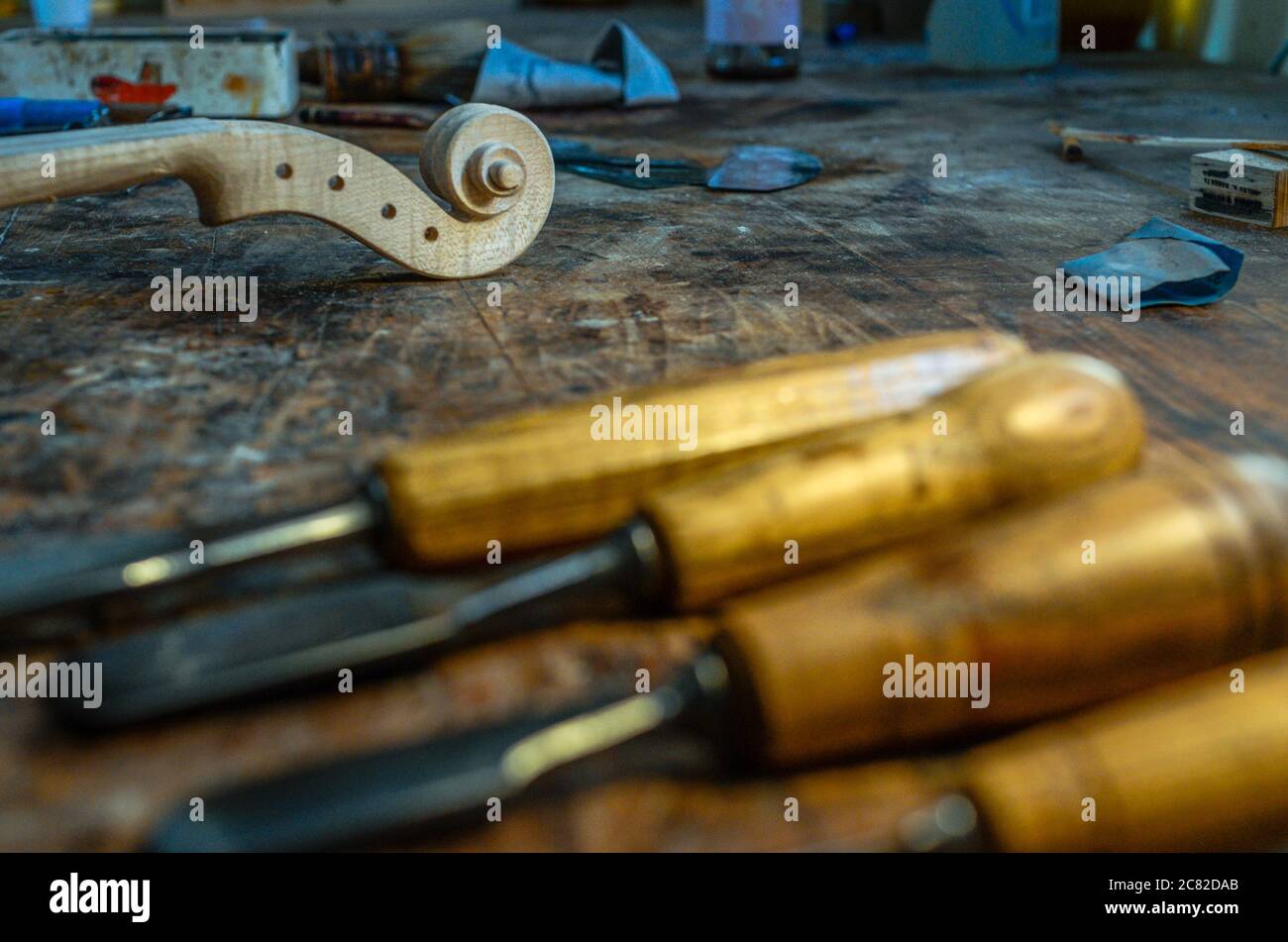 Violin maker luthier Carlos Roberts in his Cremona Italy workshop ...