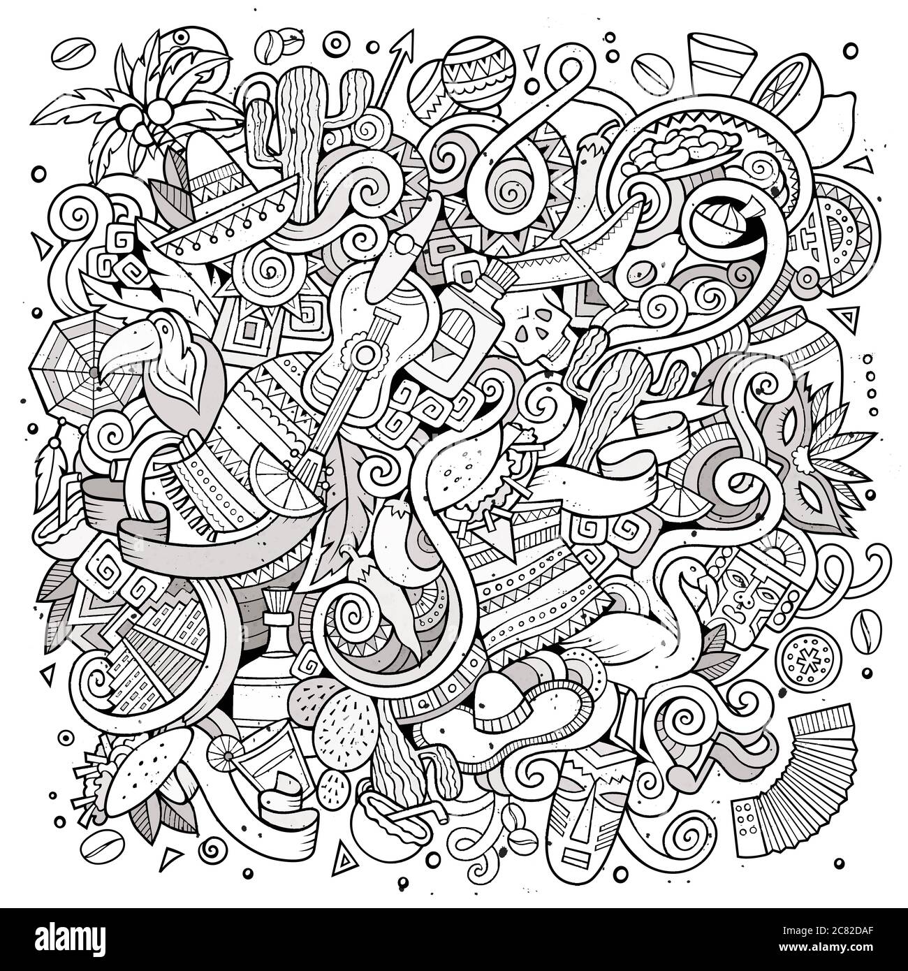 Cartoon hand-drawn doodles Latin American illustration. Line art Stock ...