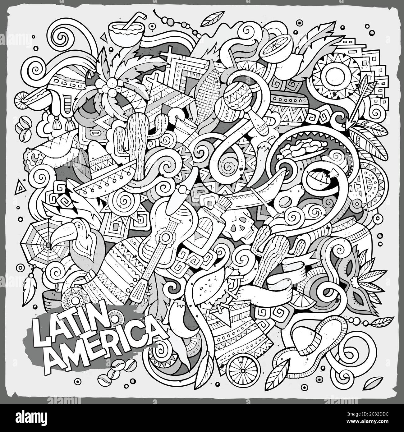 Cartoon hand-drawn doodles Latin American illustration. Line art Stock ...