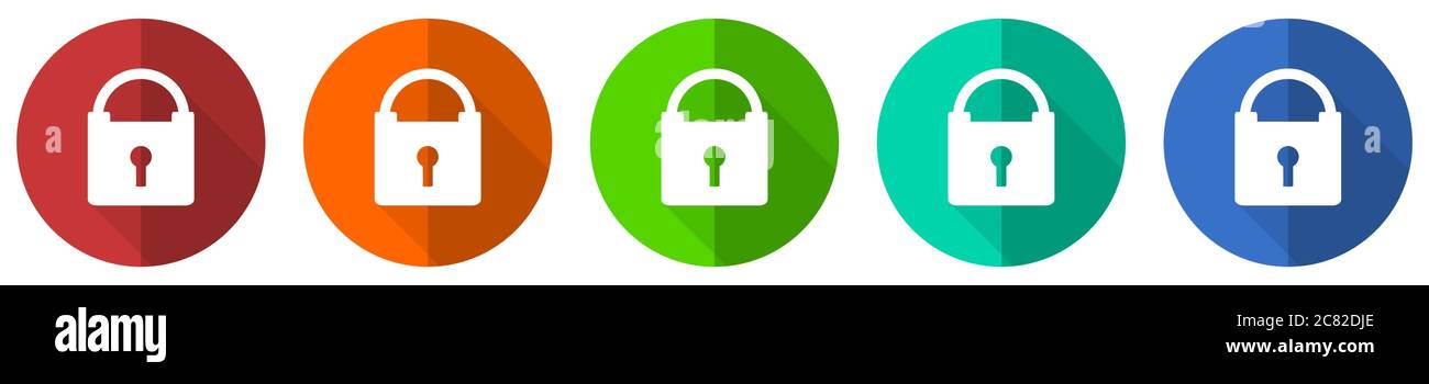 Padlock icon set, security, red, blue, green and orange flat design web ...