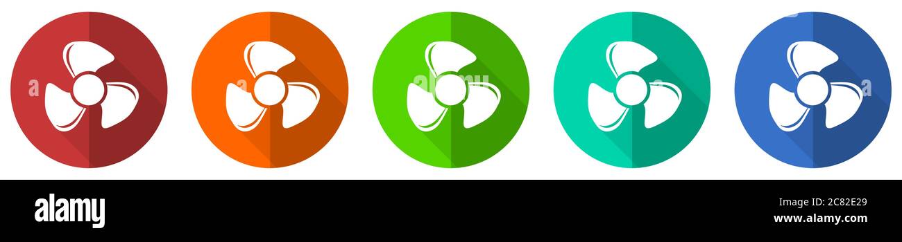 Fan icon set, red, blue, green and orange flat design web buttons ...