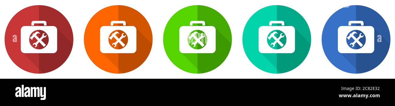 Toolkit icon set, red, blue, green and orange flat design web buttons ...