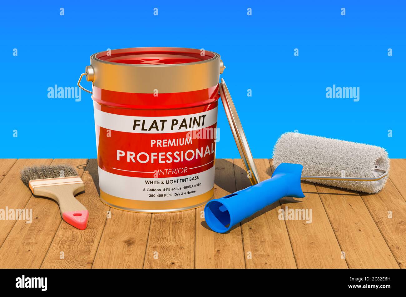 Paint Can with brushes on the wooden table, 3D rendering Stock Photo ...