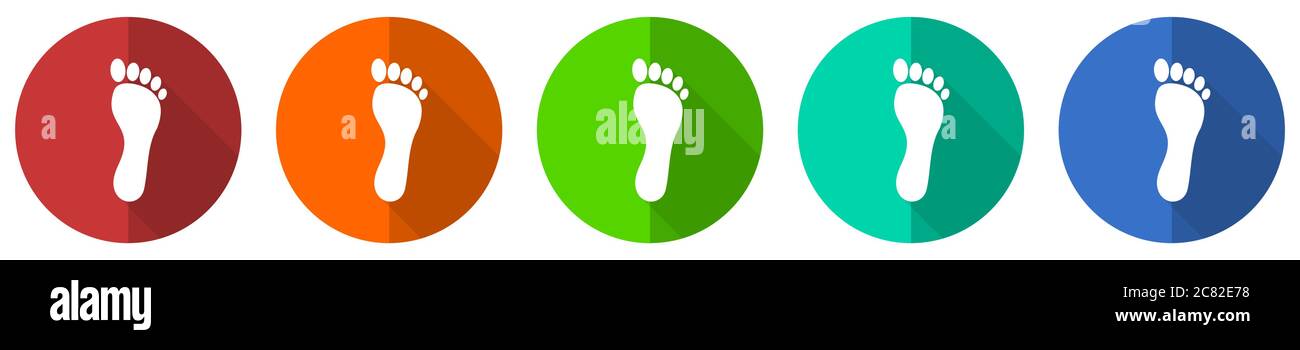 Foot icon set, red, blue, green and orange flat design web buttons ...