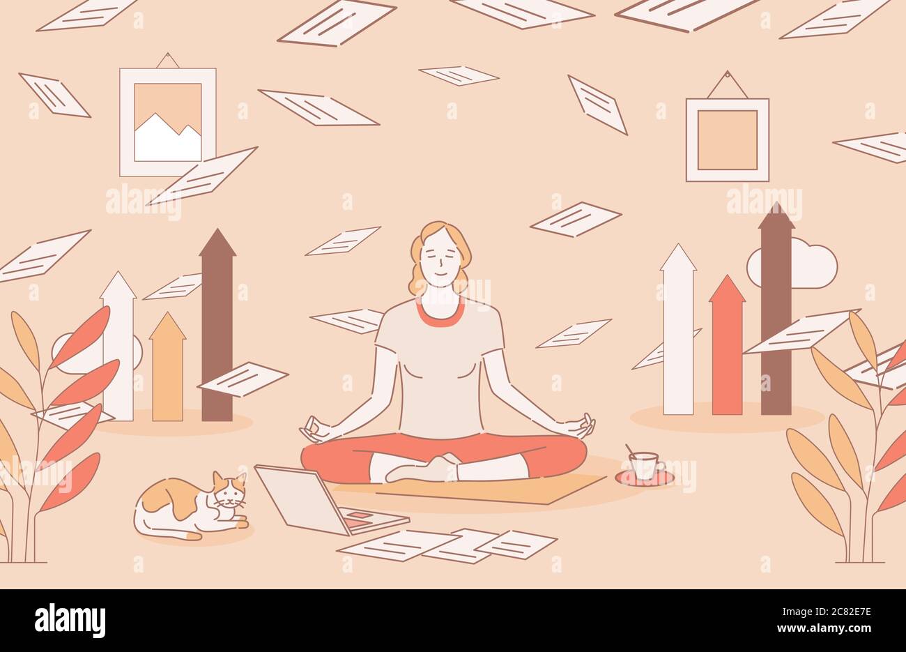 Young smiling woman in comfortable clothes sitting in lotus pose and ...