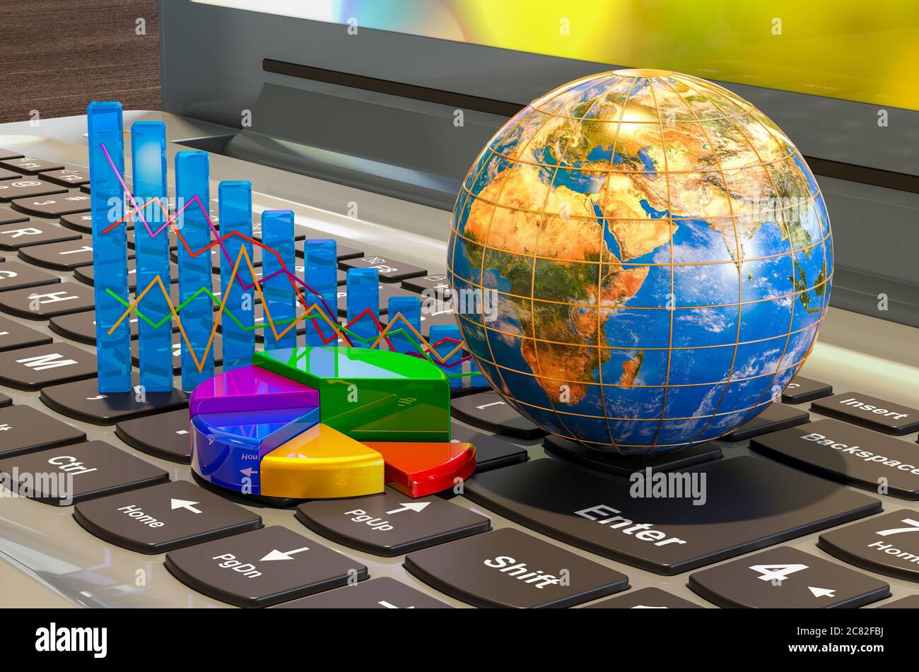 Earth Globe with diagram and charts on the keyboard laptop. 3D ...