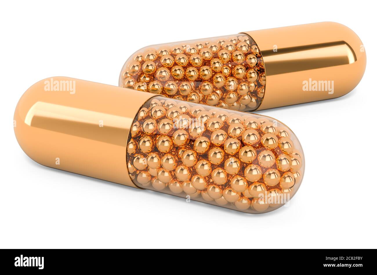 Two golden capsules, 3D rendering isolated on white background Stock ...