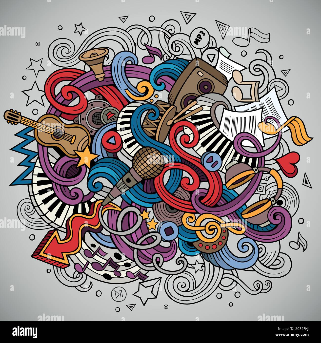 Cartoon hand-drawn doodles Musical illustration Stock Vector Image ...