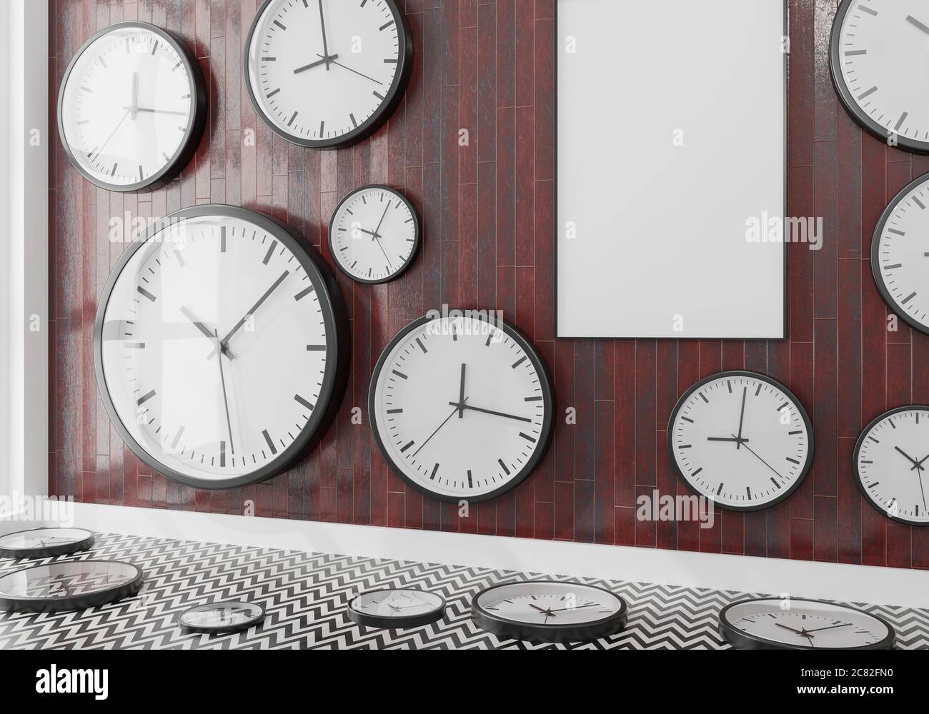 Group of wall clocks in a wooden wall .3d rendering Stock Photo - Alamy