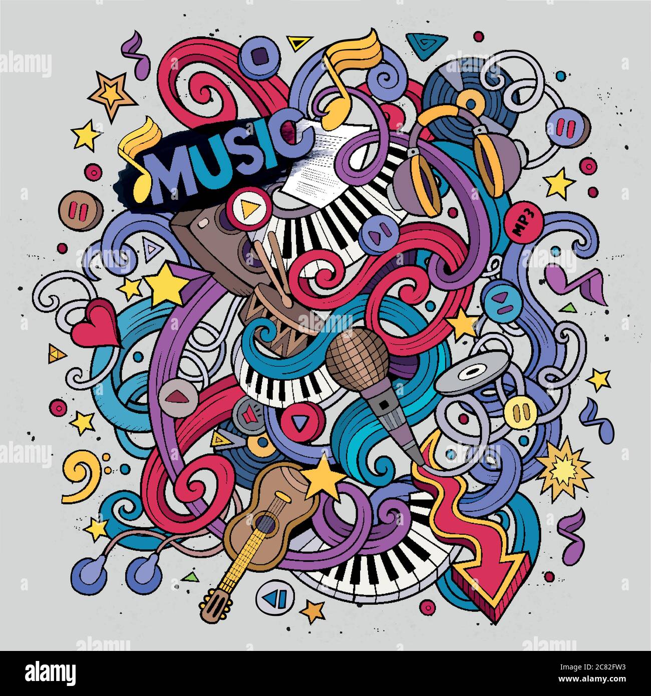 Cartoon hand-drawn doodles Musical illustration Stock Vector Image ...