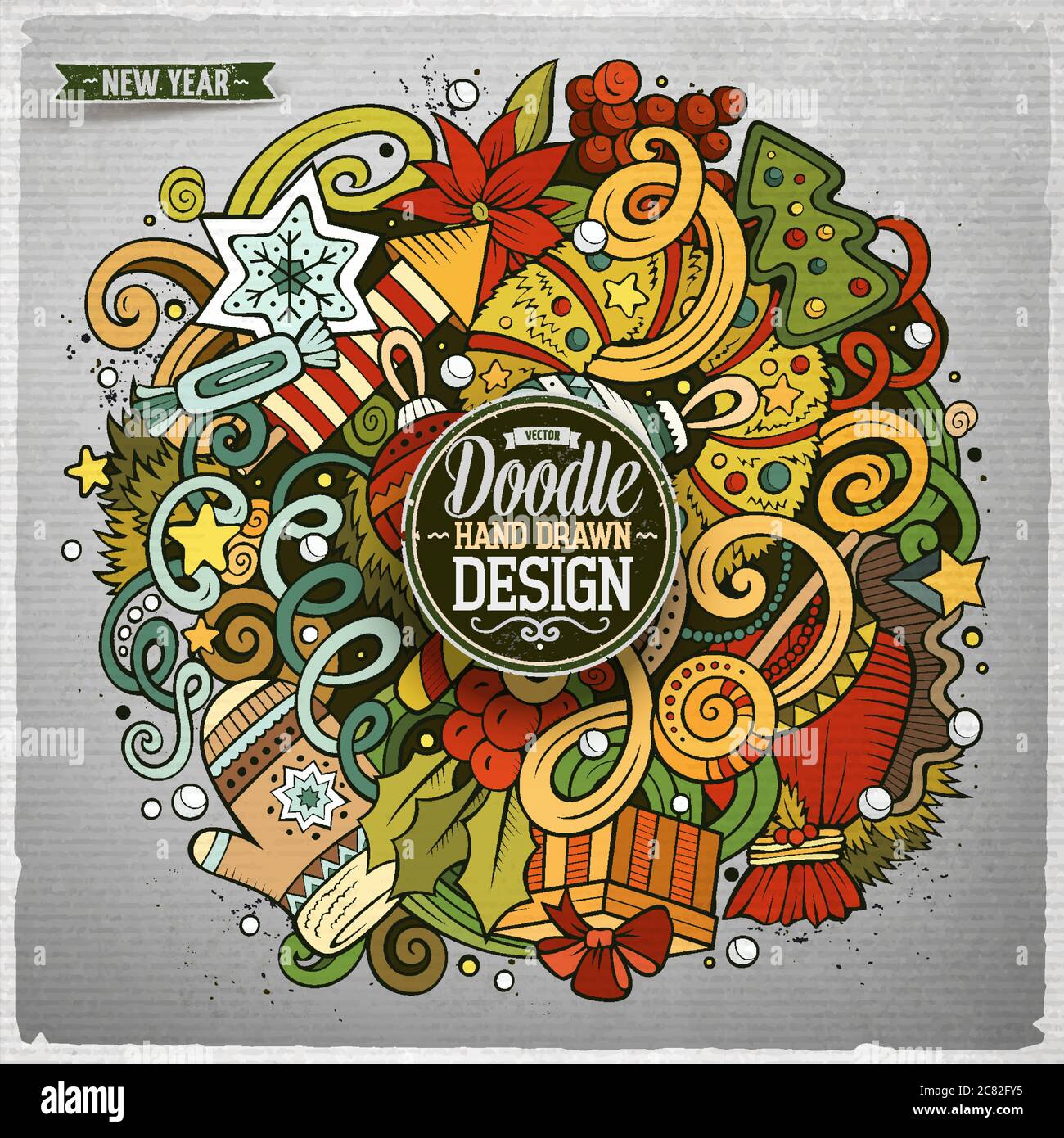 Cartoon cute doodles hand drawn New Year illustration Stock Vector ...