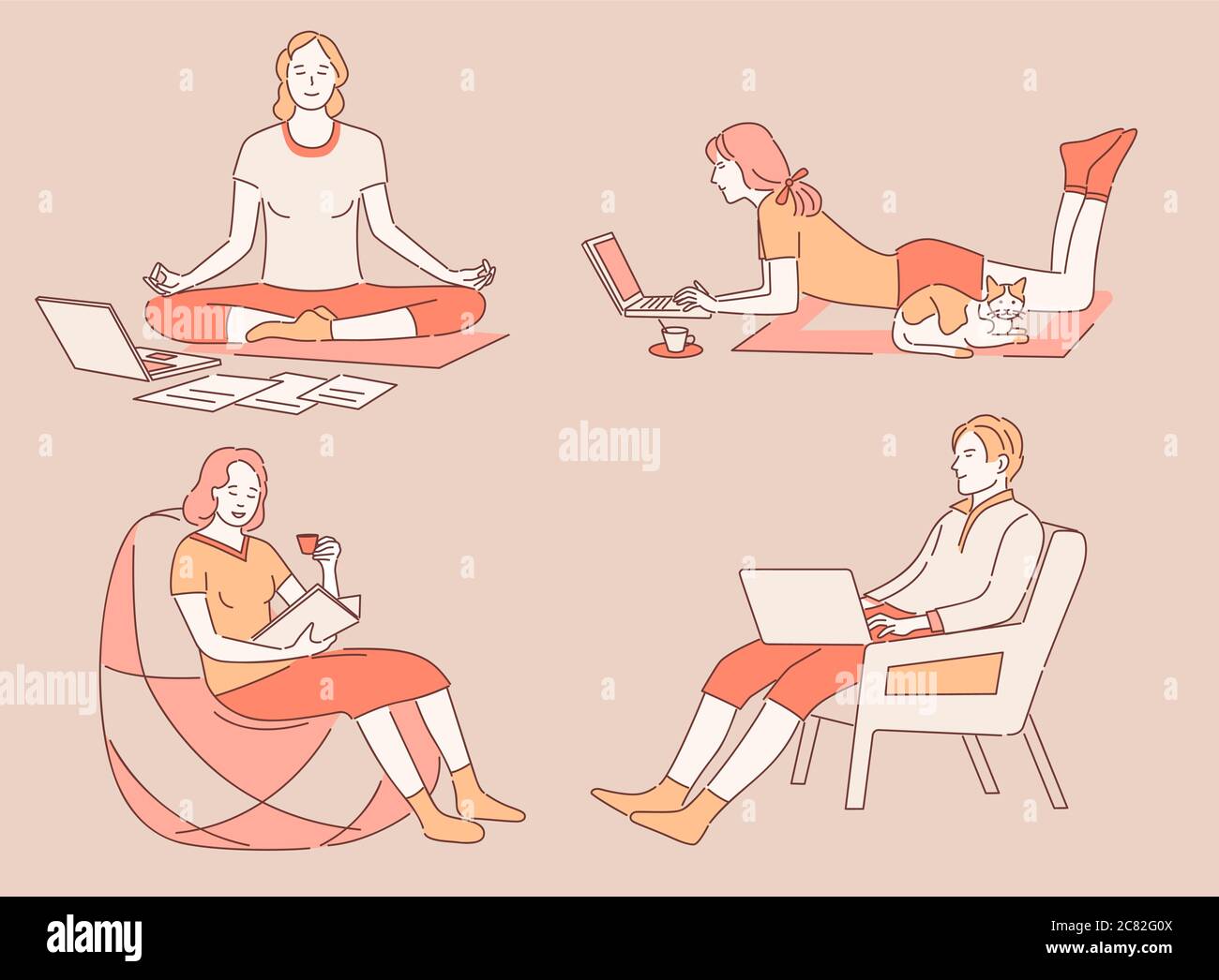 Work and relax at home vector cartoon outline illustration. Happy ...