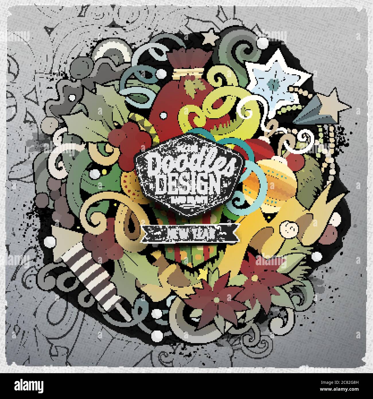 Cartoon cute doodles hand drawn New Year illustration Stock Vector ...