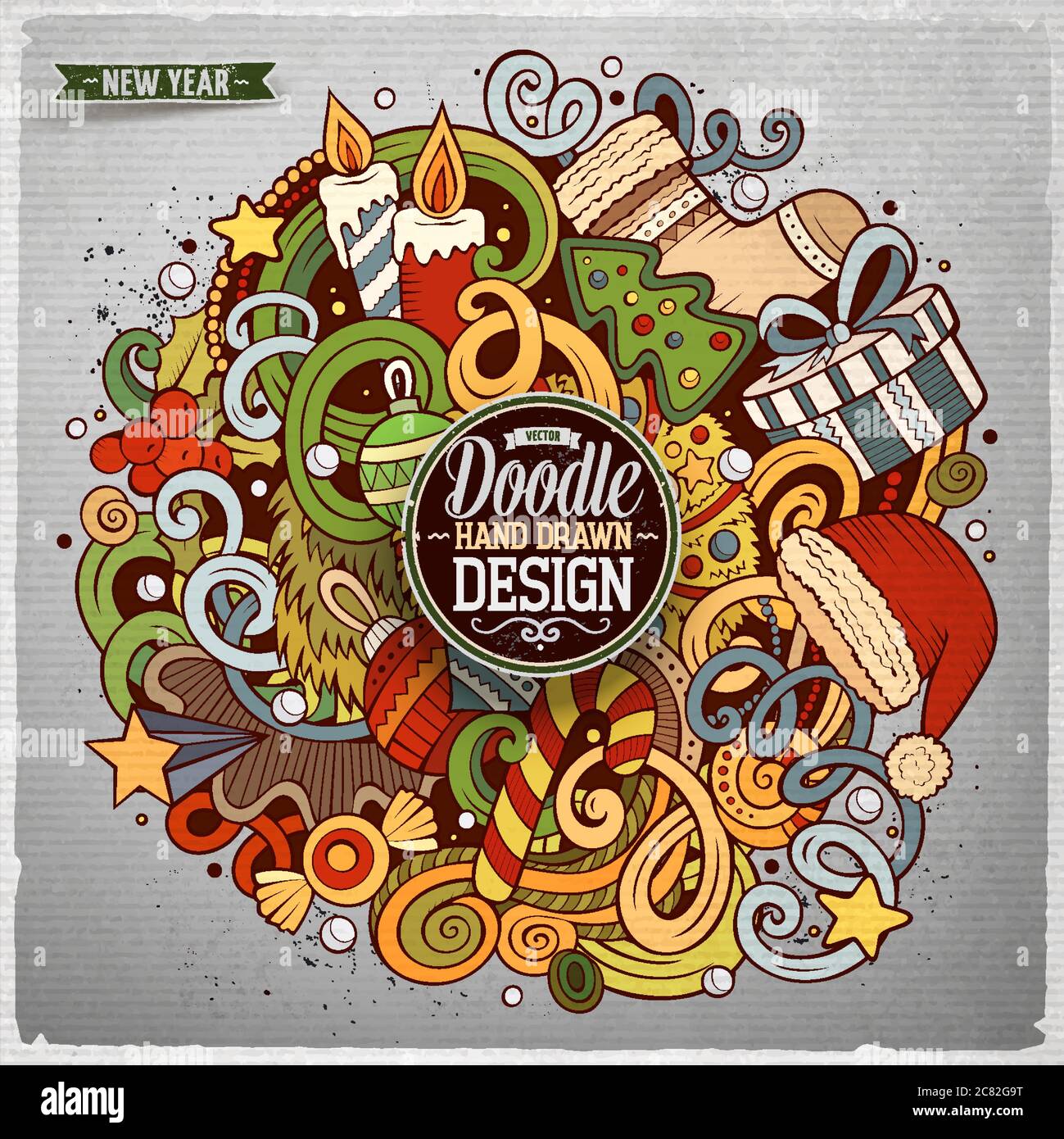 Cartoon cute doodles hand drawn New Year illustration Stock Vector ...