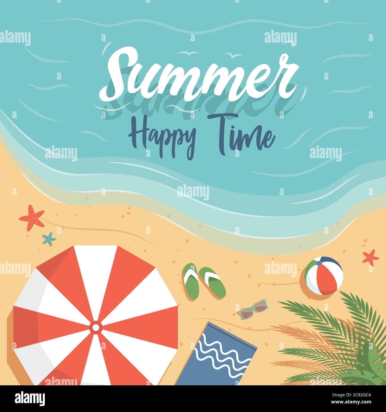 Happy summer time vector flat poster design with text space. Top view ...