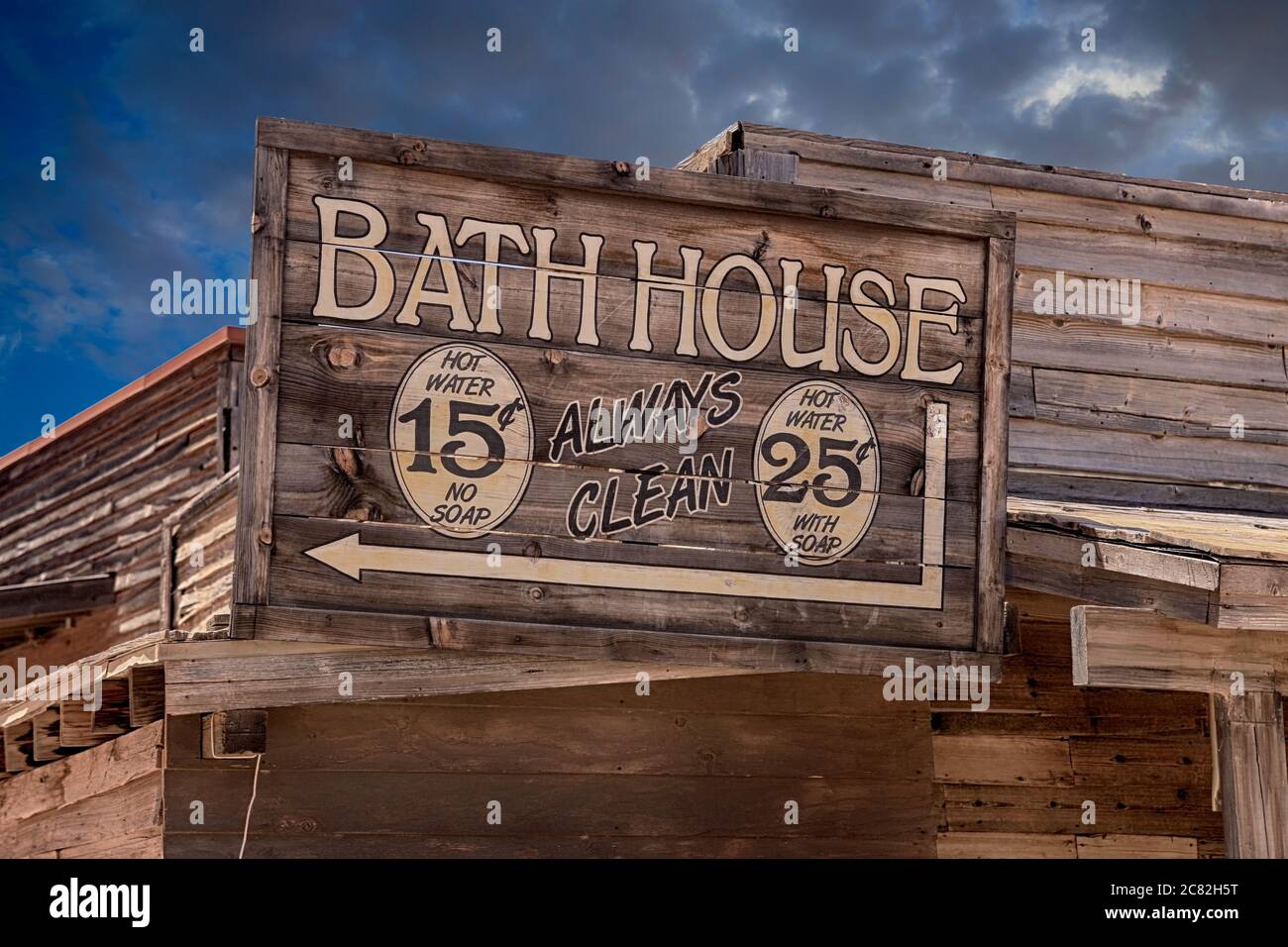 Overhead sign promoting the Bath House in the wild west movie set town ...